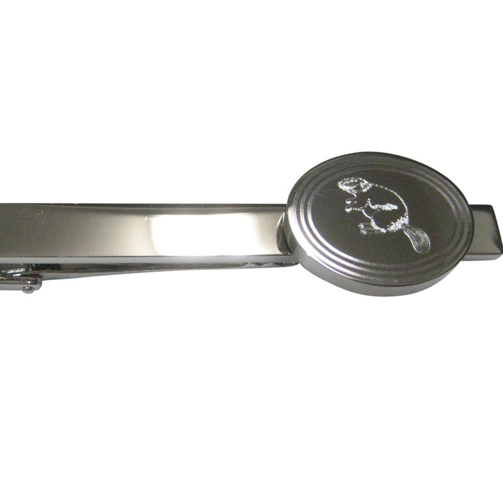 Silver Toned Etched Oval Beaver Tie Clip - Gem
